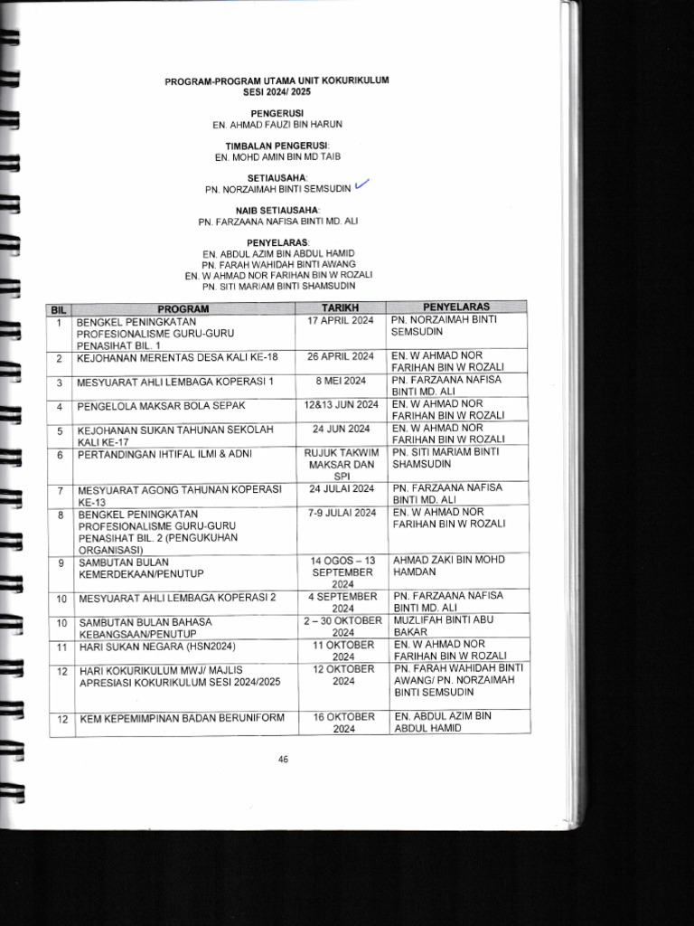 Jadual Dan Takwim Unit Ko | PDF