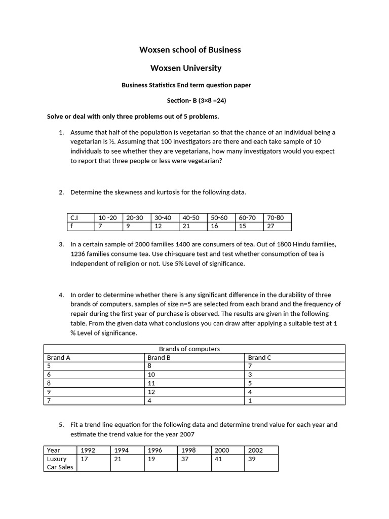 Business Statistics End Term Exam Question Paper (Problematic Part) | PDF