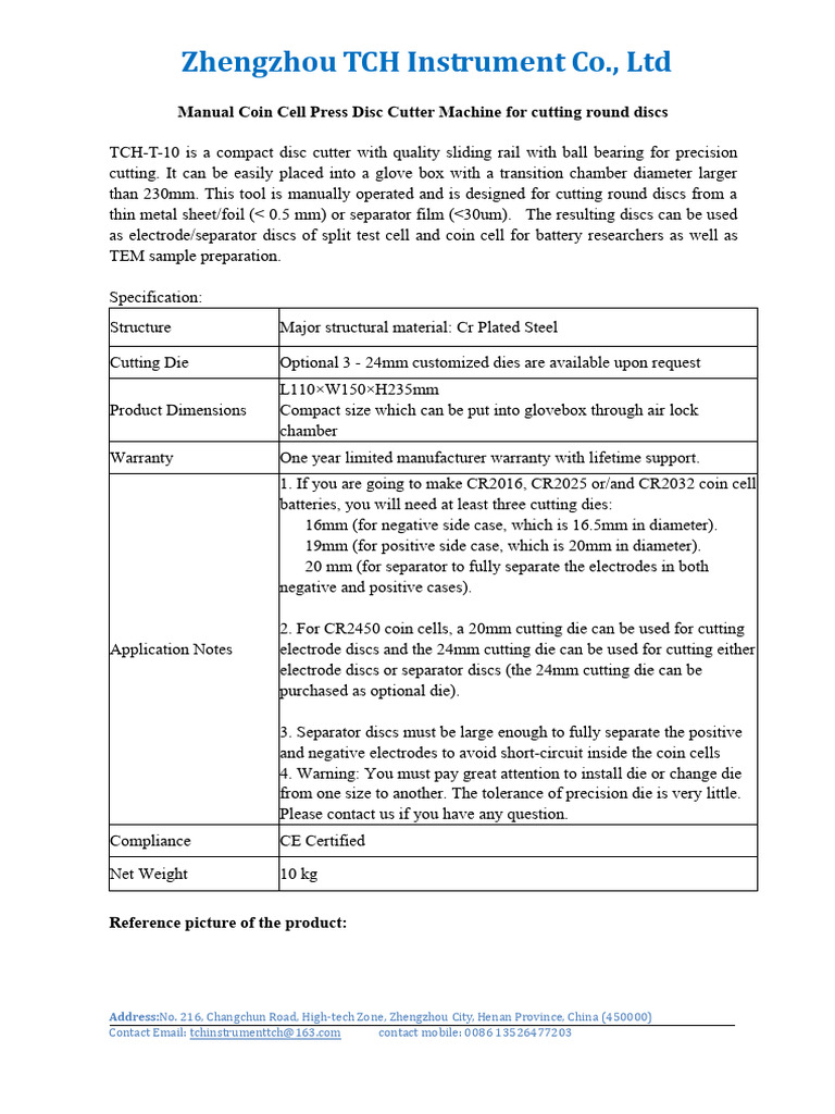 TCH-T10 Manual Coin Cell Press Disc Cutter | PDF | Tools