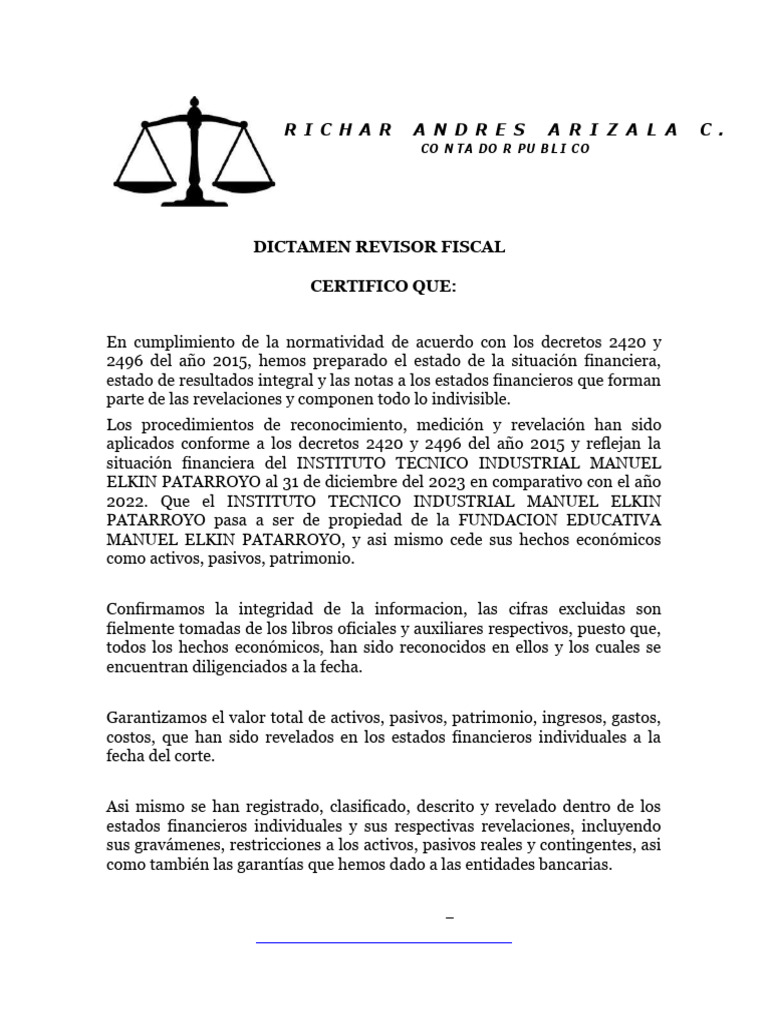 Dictamen Fiscal Instituto Técnico 2023 | PDF | Contabilidad | Estado ...