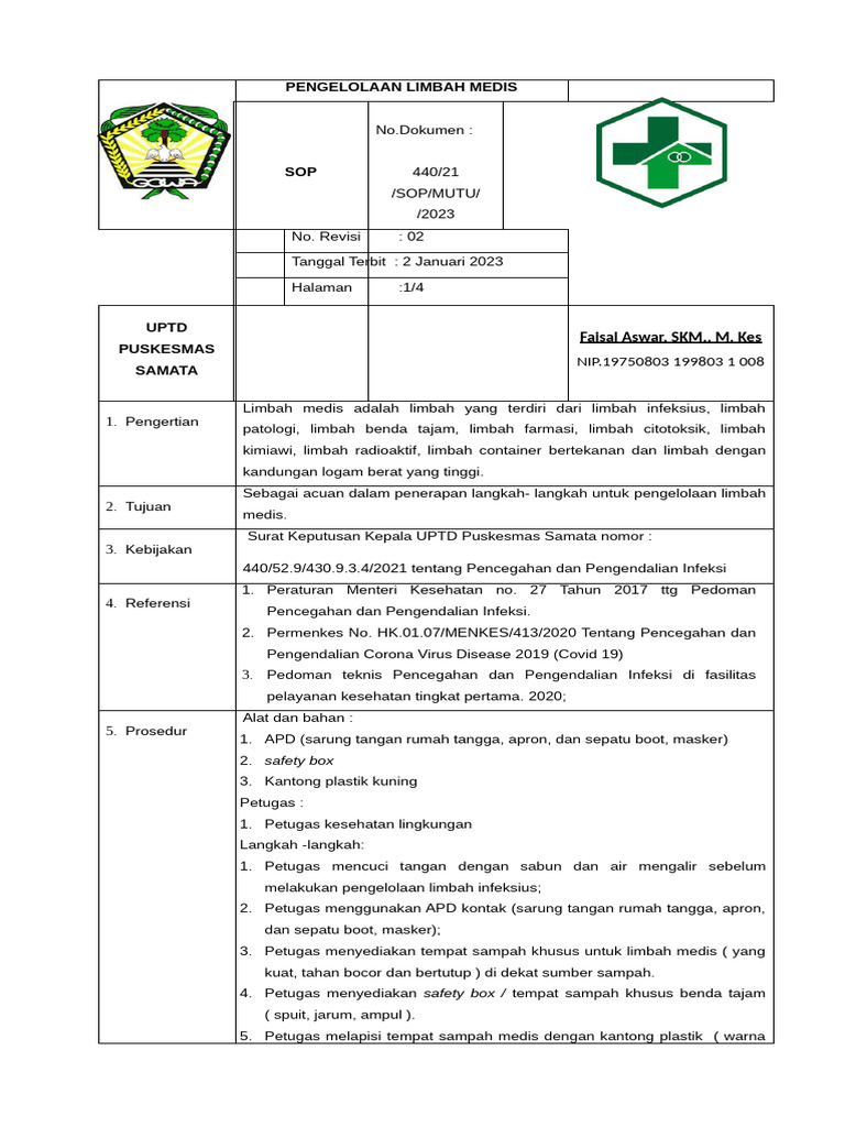 6.sop Pengelolaan Limbah Medis | PDF