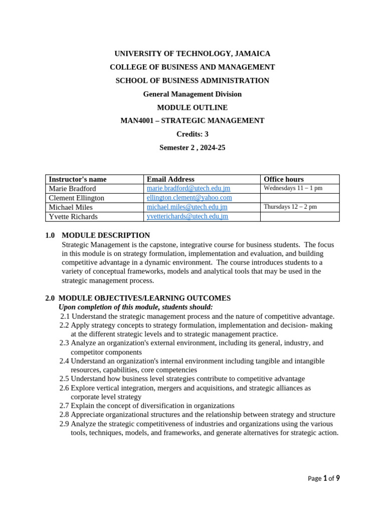Module Outline - MAN4001 - Strategic Management | PDF | Strategic ...
