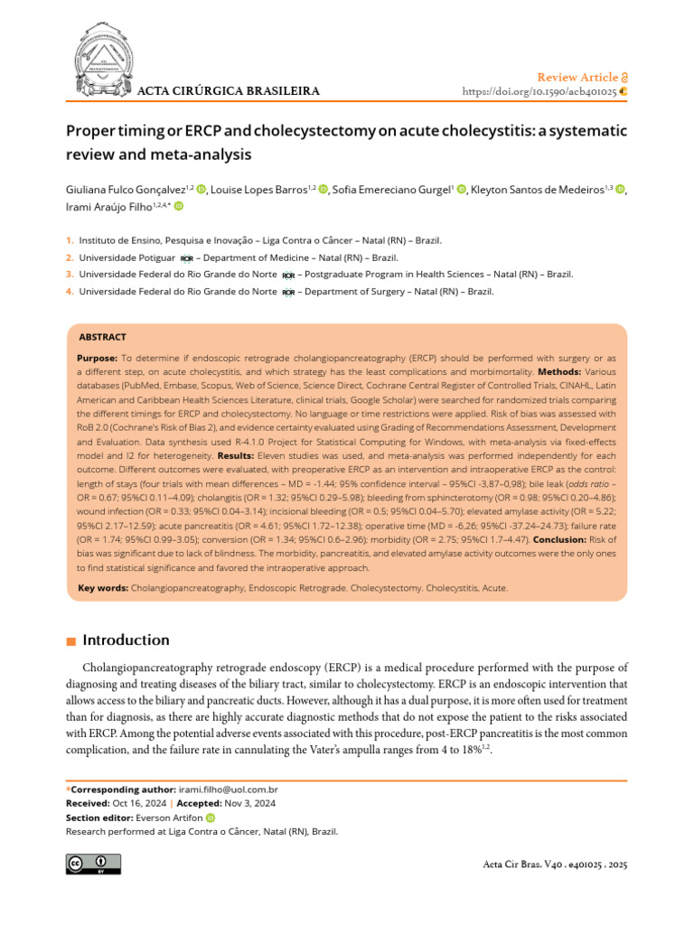 Proper Timing or ERCP and Cholecystectomy On Acute Cholecystitis A ...