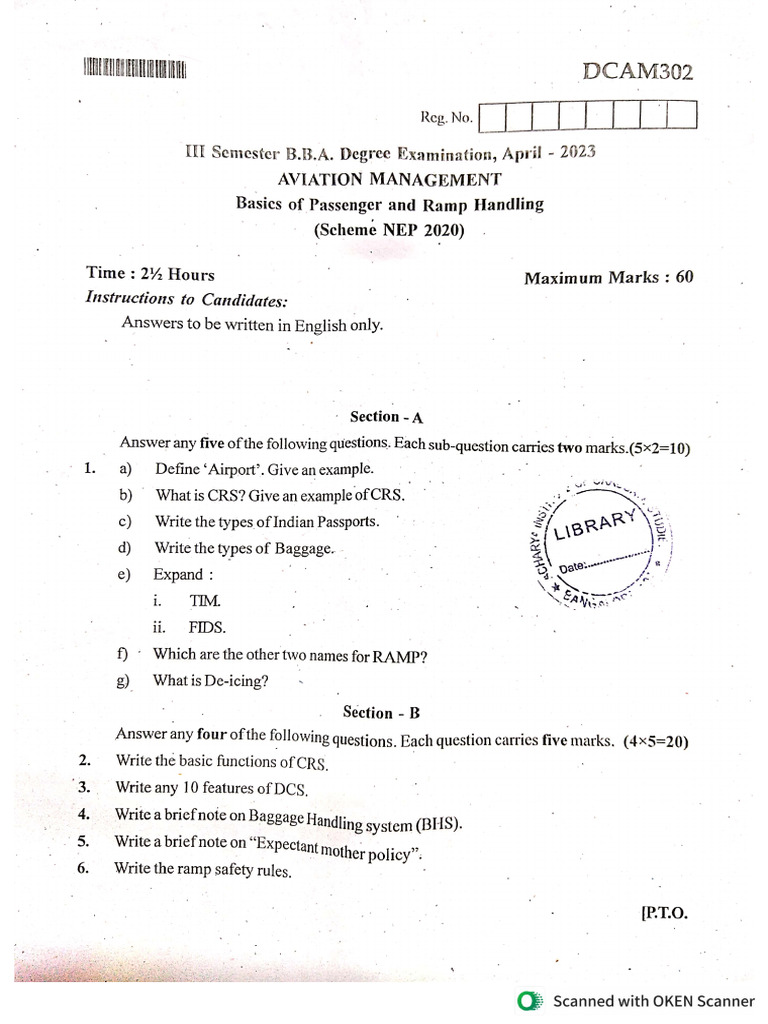 3rd Sem BBA (Aviation) Basic of Passenger and Ramp Handling 2023 | PDF