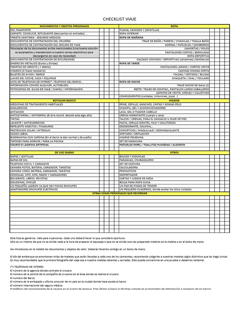 Checklist Completo para Viaje en Crucero | PDF | Ropa | Softlines ...