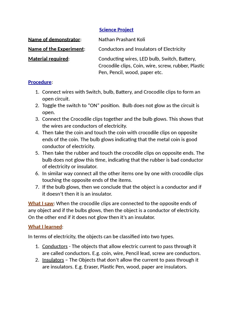 Science Project - Conductors and Insulators | PDF