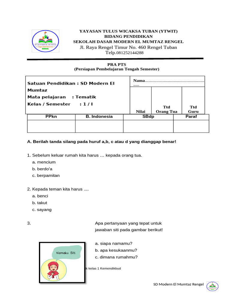 soal PTS kelas 1 tema 1 K13 | PDF