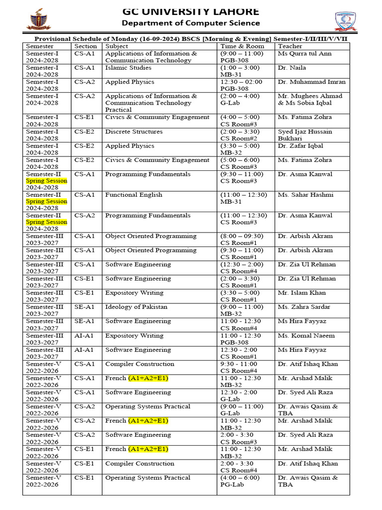 GC University Lahore BSCS Schedule 2024 | PDF | Pakistan