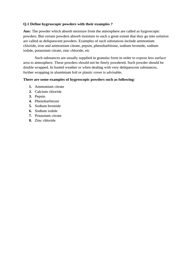 Q.1 Define Hygroscopic Powders With Their Examples ? Ans | PDF