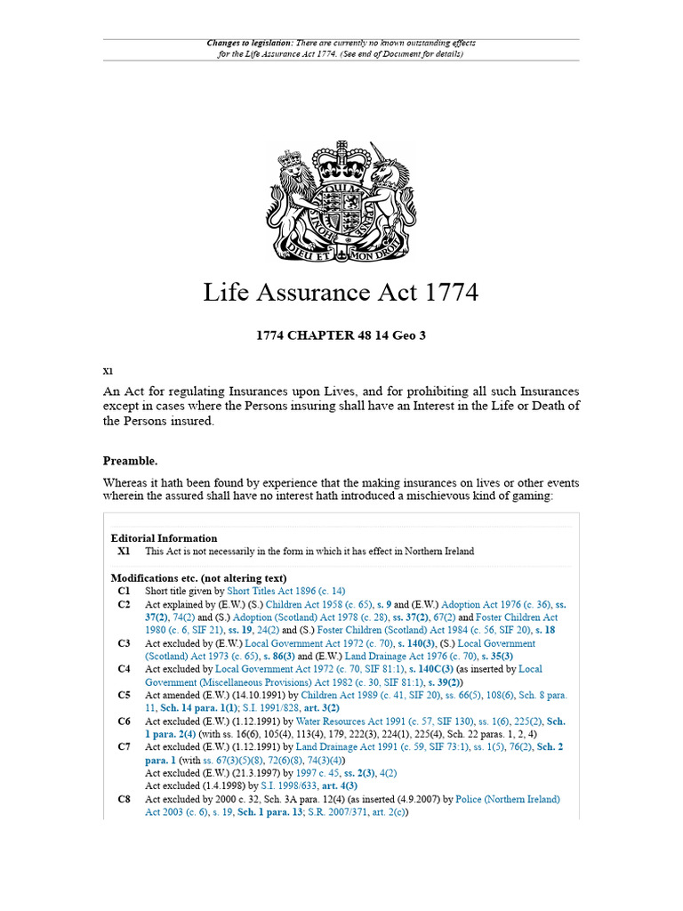 Life Assurance Act 1774 Overview | PDF | Life Insurance | Civil Law ...