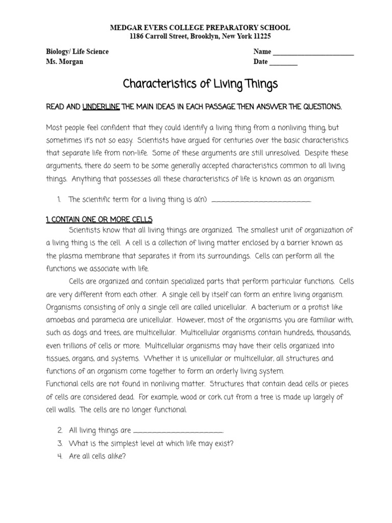 Characteristics of Living Things | PDF | Thermoregulation | Cell (Biology)