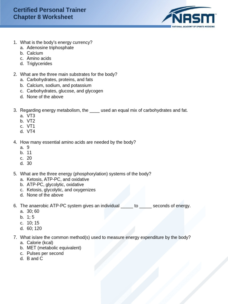 NASM CPT7 - Chapter - 8 - Worksheet | PDF | Cellular Respiration | Metabolism