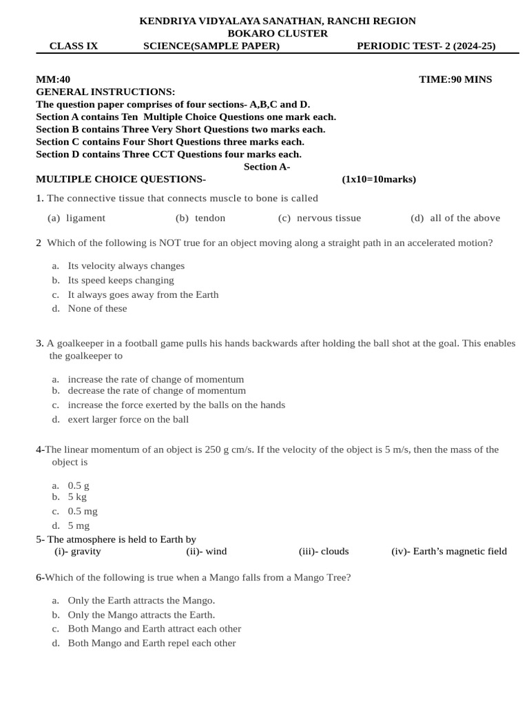 Class IX Science Sample Paper 2024-25 | PDF | Buoyancy | Tissue (Biology)