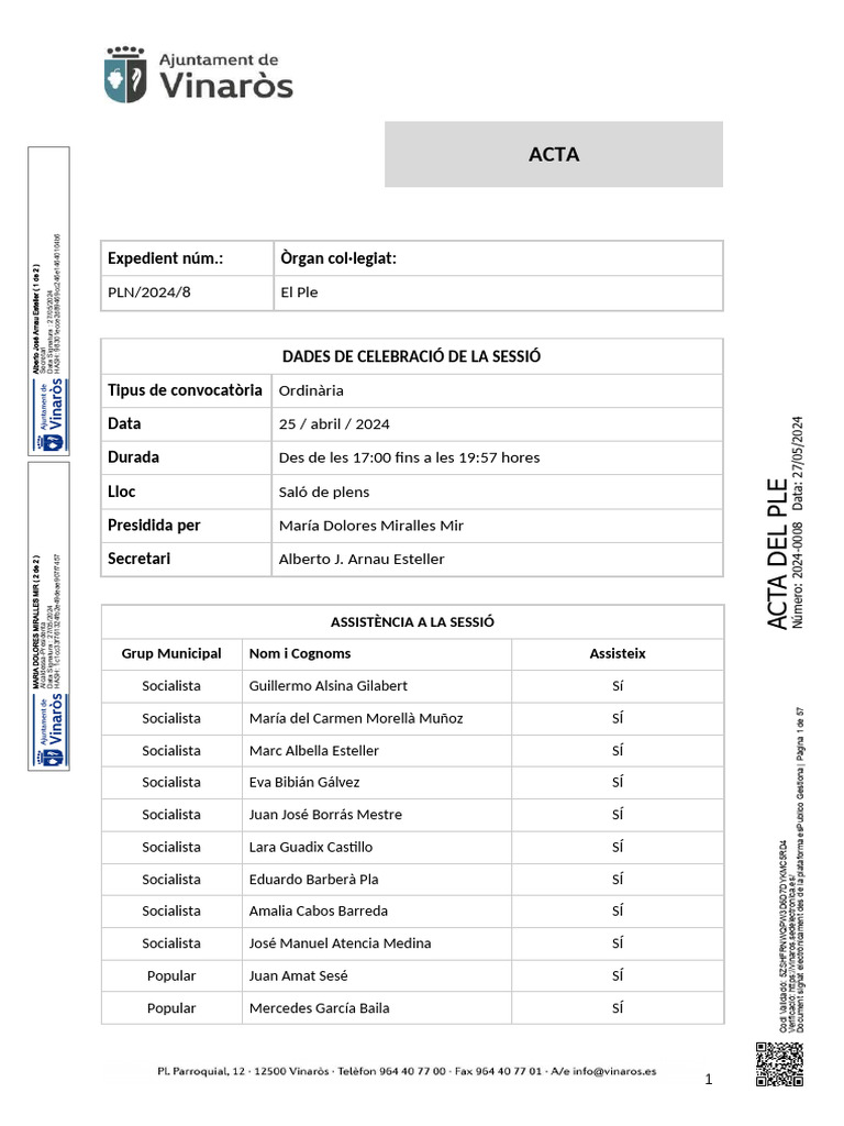 Acta - Acta Ple - ACTA DEL PLE 2024-0008 (240425 Acta Ple Ordinari ...