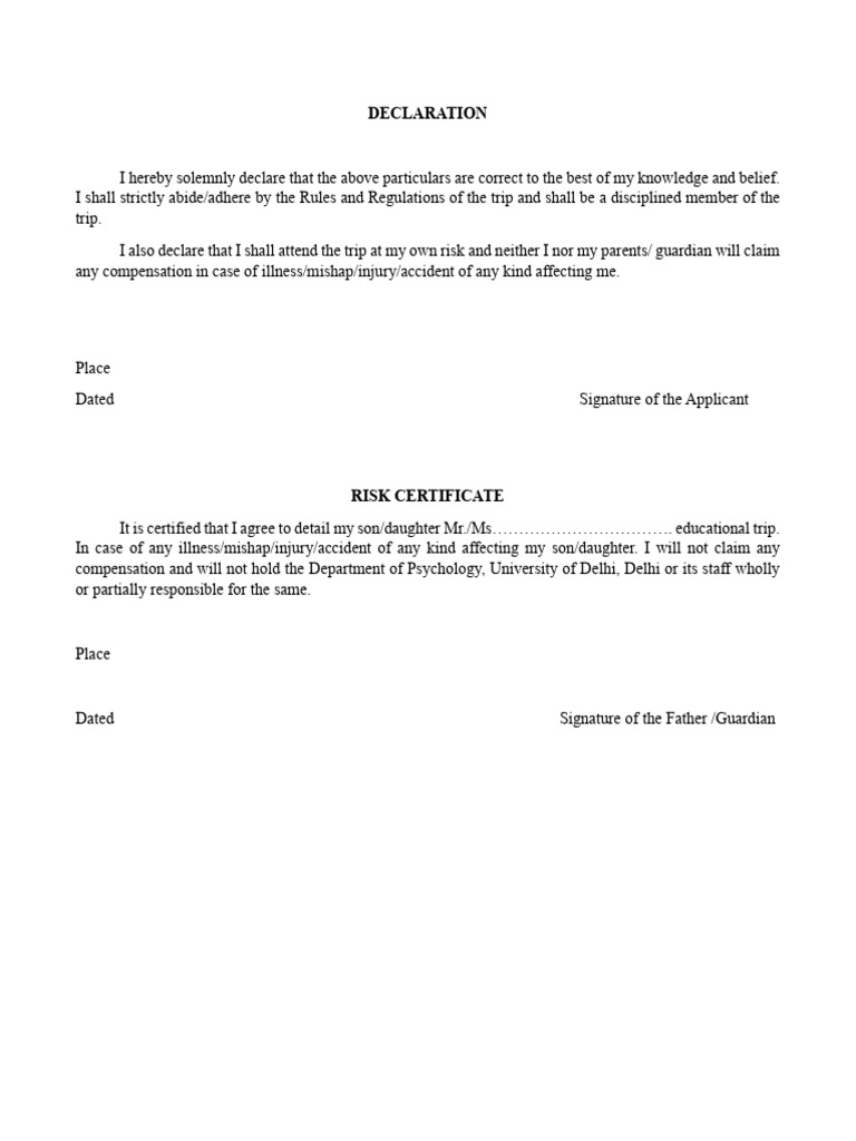 Educational Trip Risk Declaration Form | PDF