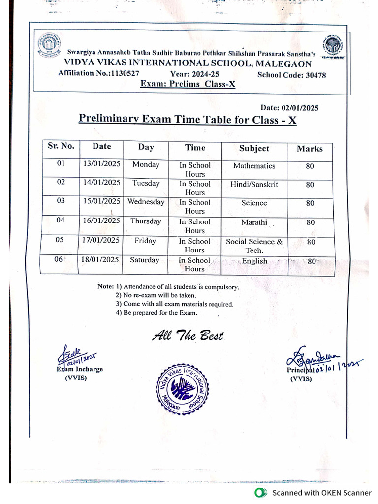 Prelims Class 10 Time Table | PDF