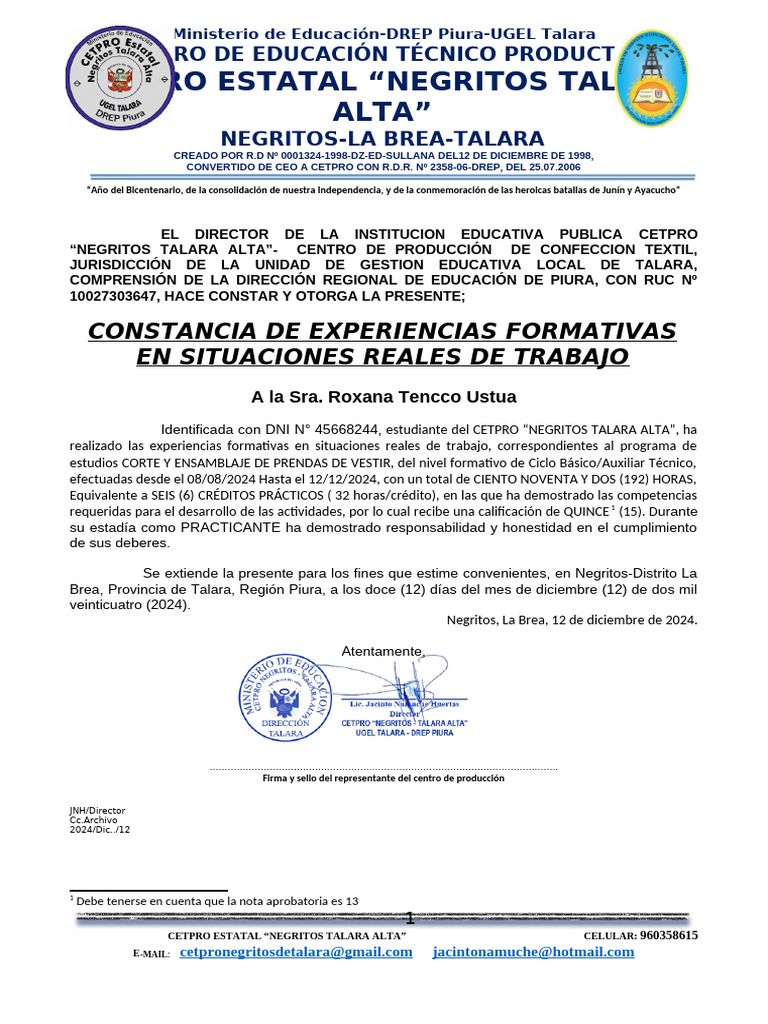 Ok Constancia de Efsrt PP Cetpro Nta-Tencco Roxana 2024 | PDF