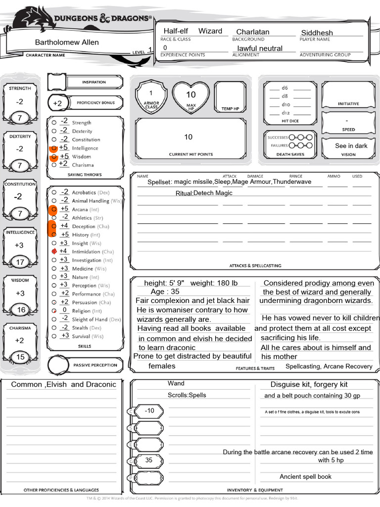 DND CHR Sheet Playthrough 1 | PDF | Worldbuilding | Wizards Of The Coast Games