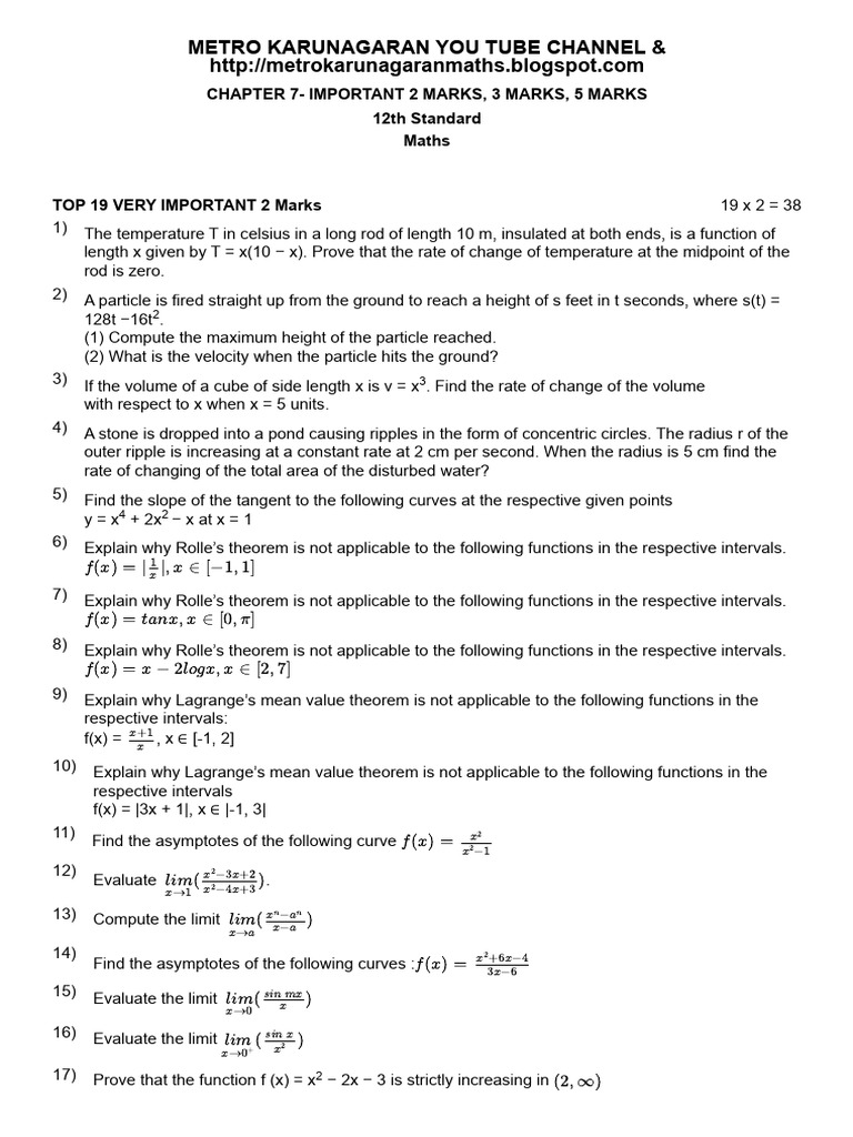 12 CHAP7-2,3,5 IMP QUES | PDF | Asymptote | Tangent