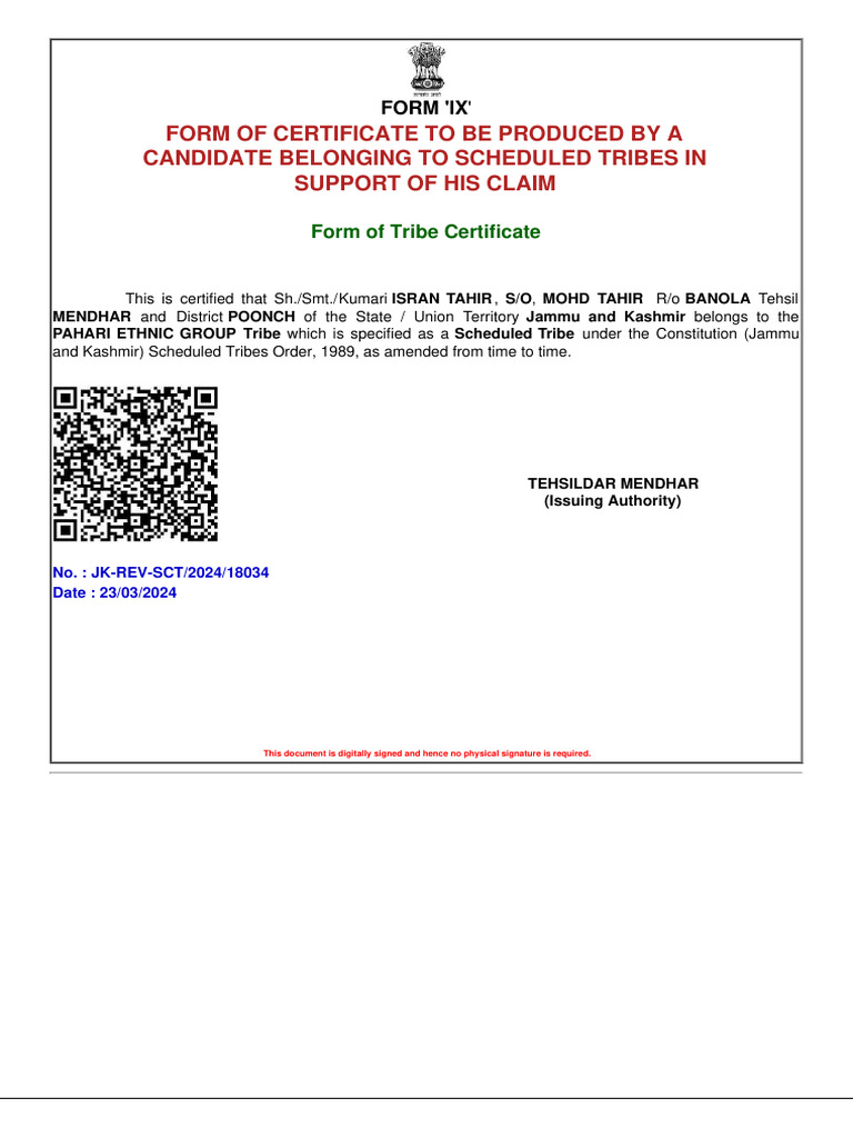 Scheduled Tribe Certificate Form | PDF