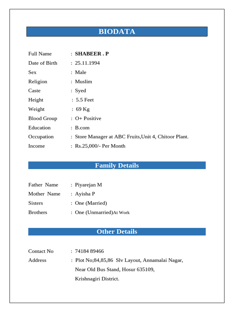 Shabeer Bio Data | PDF