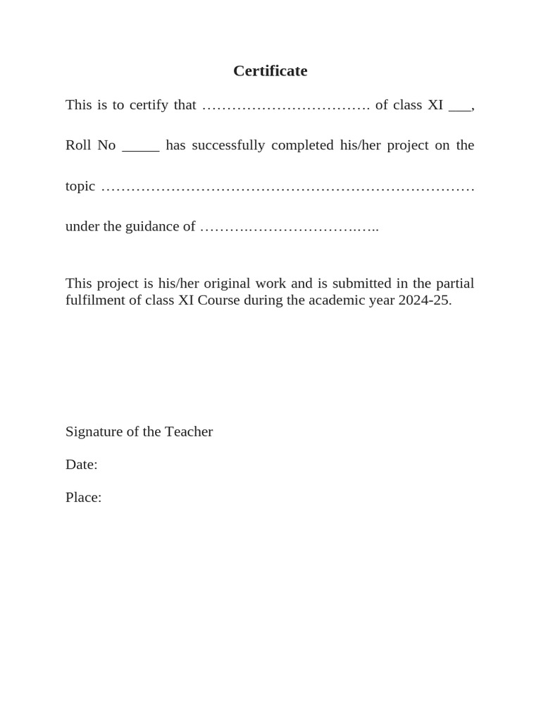 Class XI Project Completion Certificate | PDF