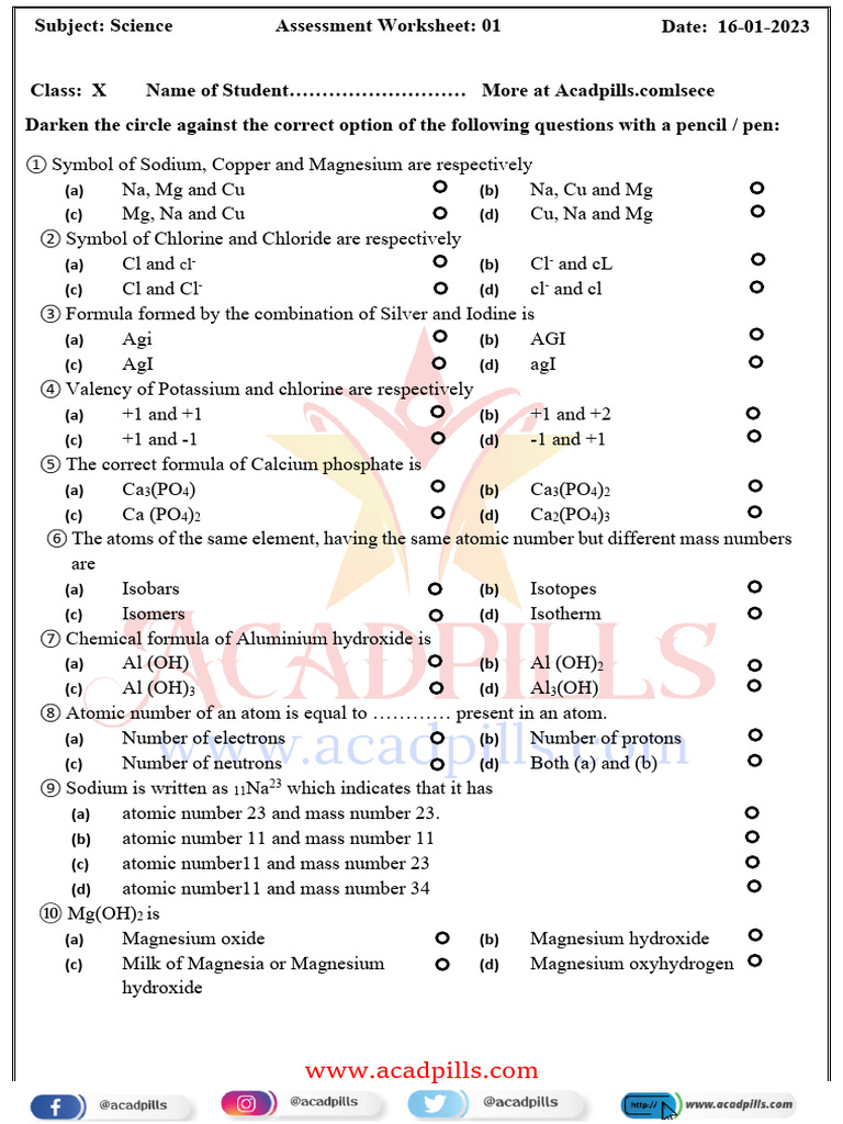Science Assessment Worksheet for Class X | PDF