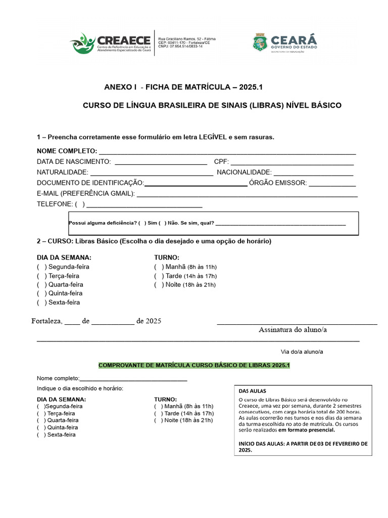 Ficha de Matrícula LIBRAS 2025.1 | PDF