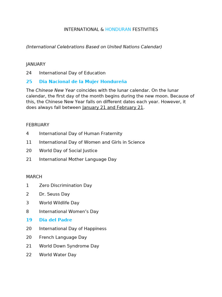International and Honduran Celebrations | PDF