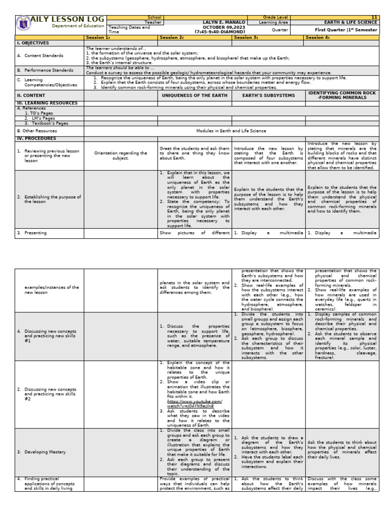 DLL Els Quarter 1 Week 1 | PDF | Earth | Minerals