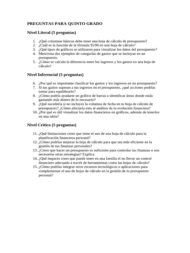 Preguntas de Presupuesto para Quinto Grado | PDF