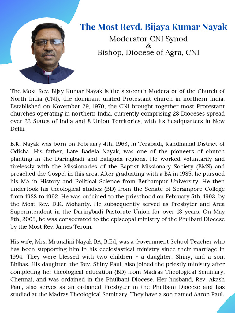 Bijaya Kumar Nayak: CNI Moderator Profile | PDF | Diocese | Bishop