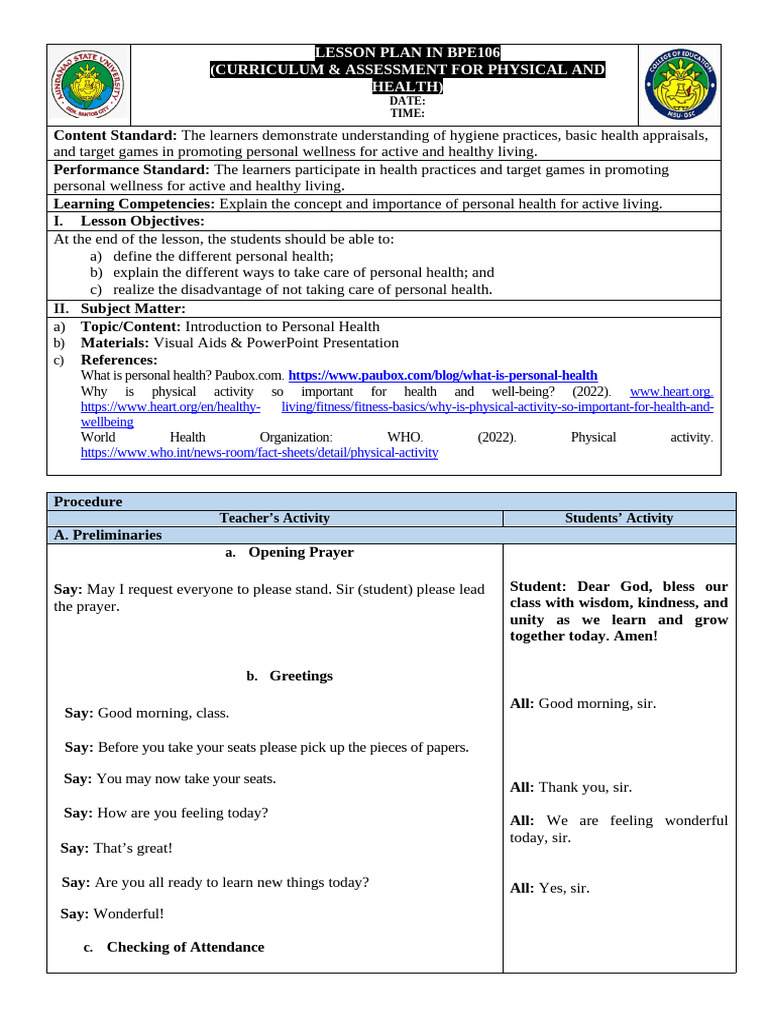 Personal Health Lesson Plan BPE106 | PDF | Mental Health | Psychology