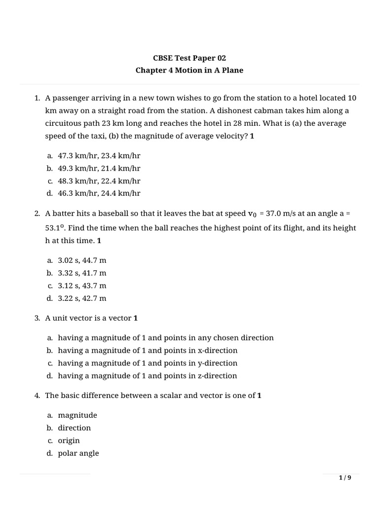CBSE Test Paper: Motion in a Plane | PDF | Euclidean Vector | Acceleration