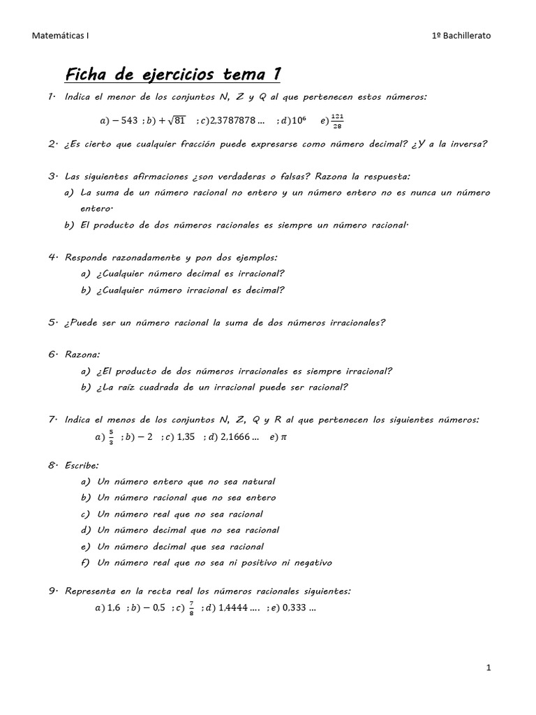 Ejercicios de Números Reales 1º Bachillerato | PDF | Números | Número ...