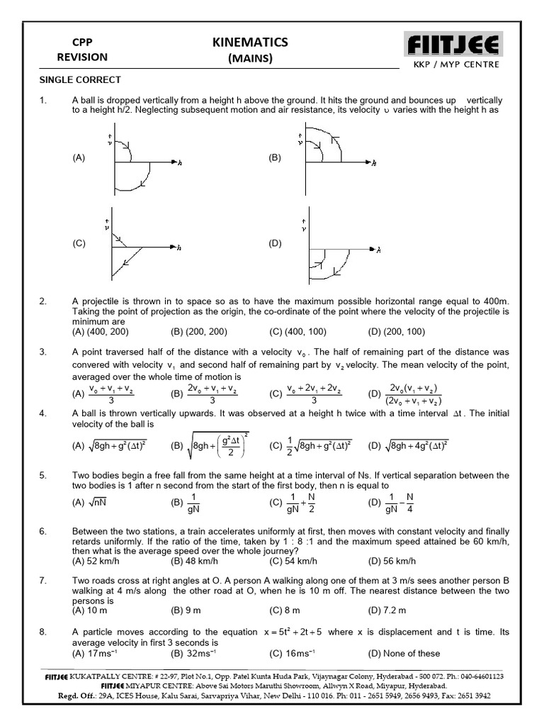 SR Physics Revision - KINEMATICS - Mains - CPP | PDF | Velocity | Speed