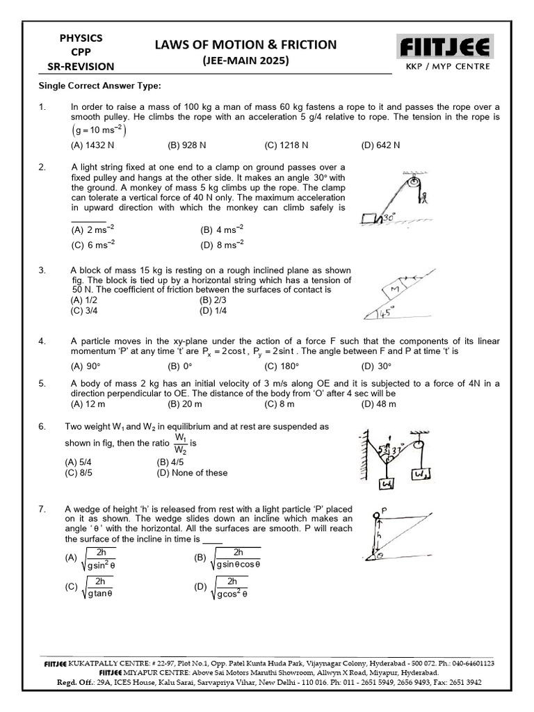SR Physics Mains - LAWS OF MOTION & FRICTION - MAINS | PDF | Force | Mass