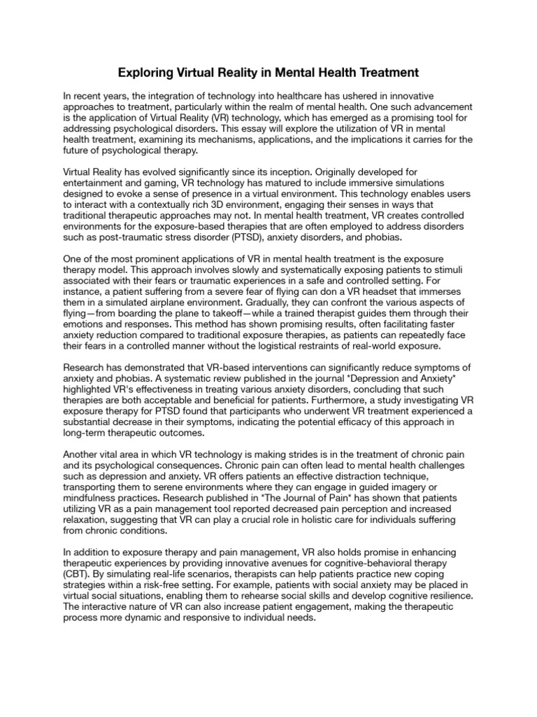 Exploring Virtual Reality in Mental Health Treatment | PDF | Virtual Reality | Cognitive ...