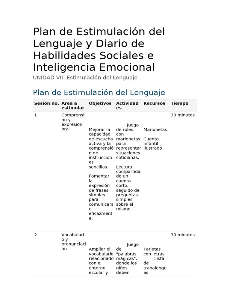 Plan de Estimulación Del Lenguaje y Diario de Habilidades So | PDF ...