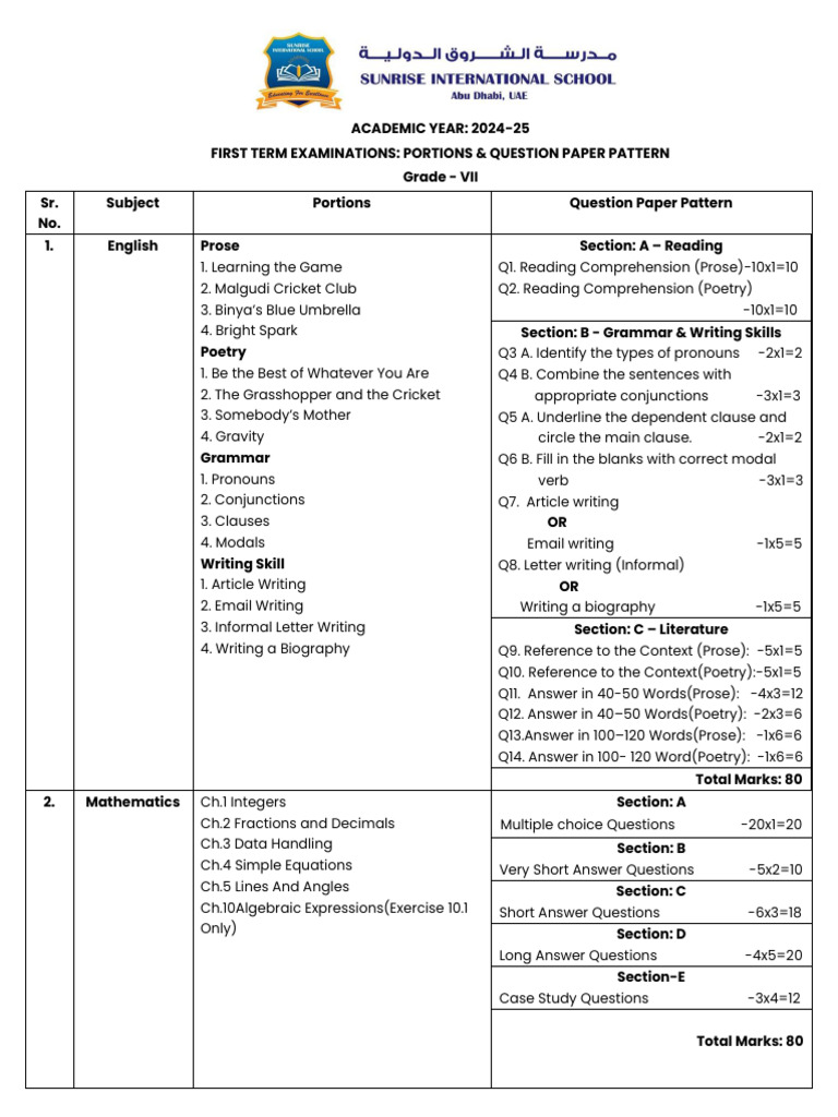 First Term - Grade 7 - Portion and QP Pattern - Revised | PDF