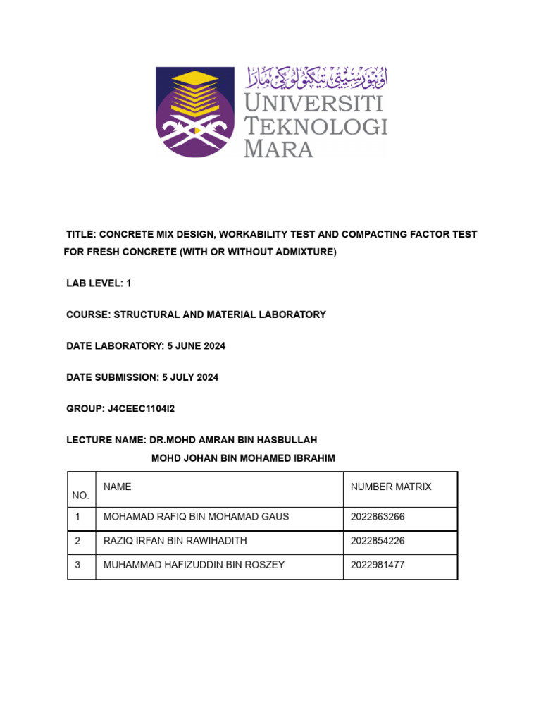 Lab 10 Concrete Mix Design, Workability Test and Compacting Factor ...