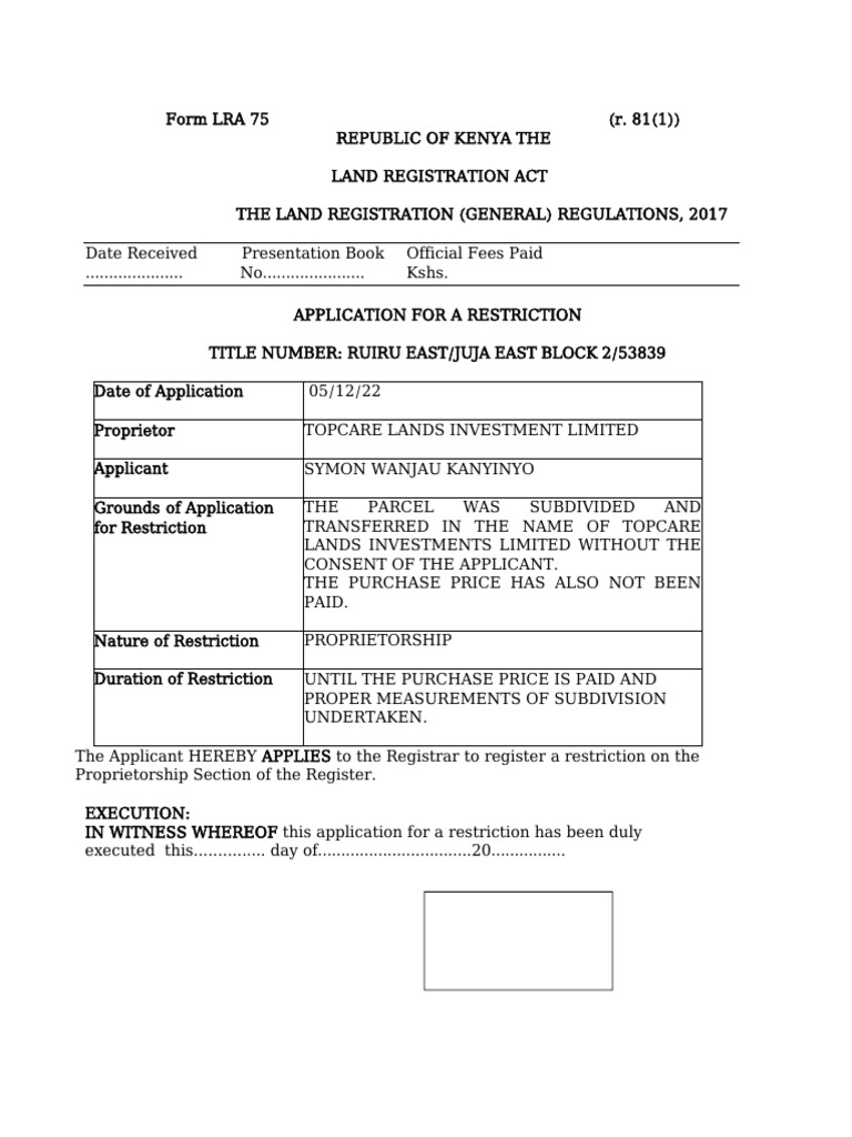 Application for Land Restriction in Kenya | PDF