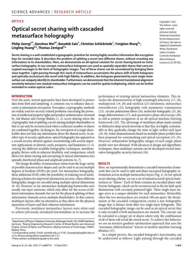 Optical Secret Sharing With Cascaded Metasurface H | PDF | Holography ...