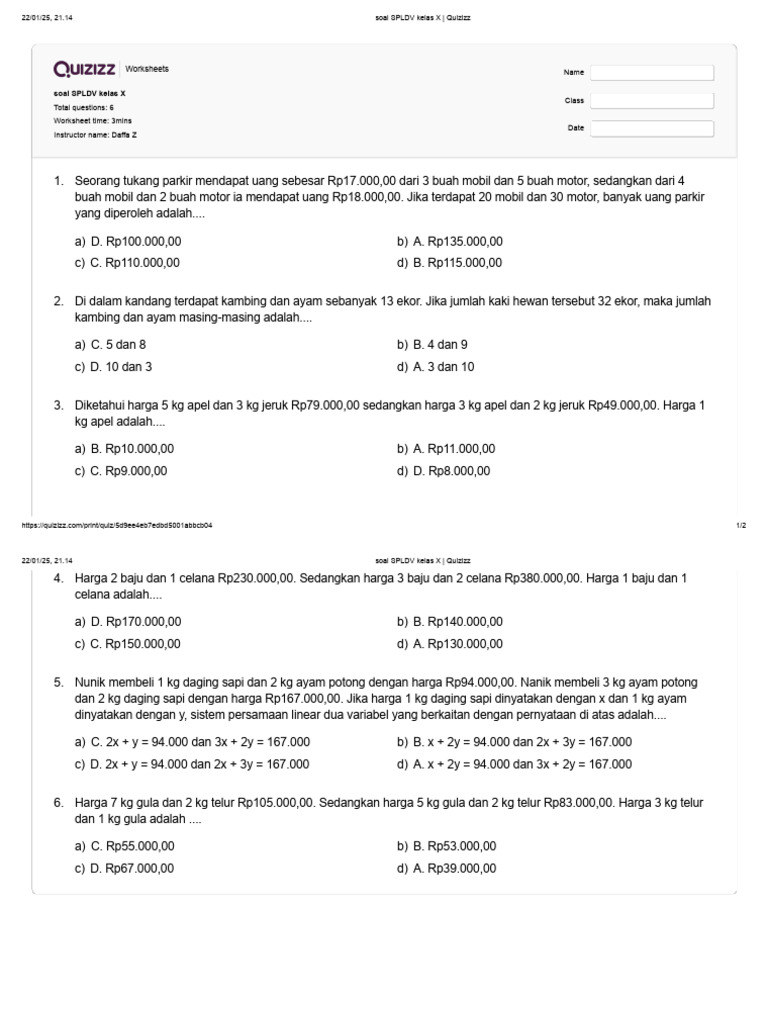 Soal SPLDV Kelas X - Quizizz | PDF