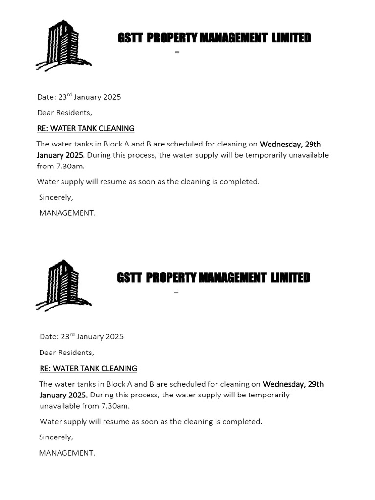 Water Tank Cleaning Notice for Residents | PDF
