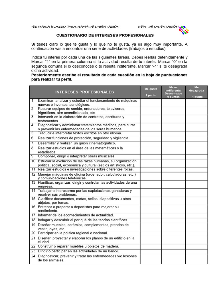 Cuestionario de Intereses Profesionales | PDF | Ingeniero civil ...