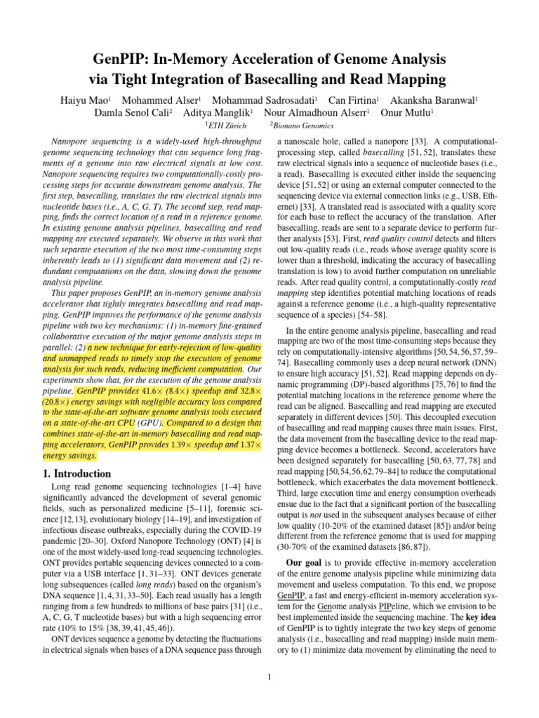 GenPIP - In-memory Acceleration Acceleration of Genome Analysis via Tight Integration of ...