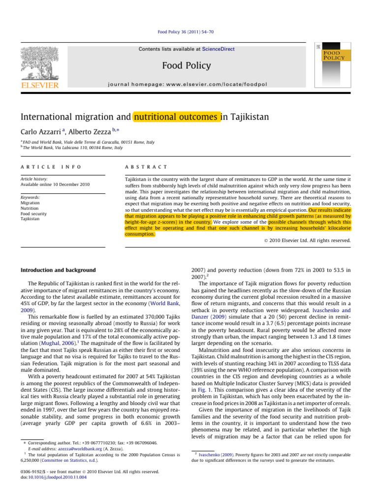Migration's Impact on Nutrition in Tajikistan | PDF | Human Migration ...