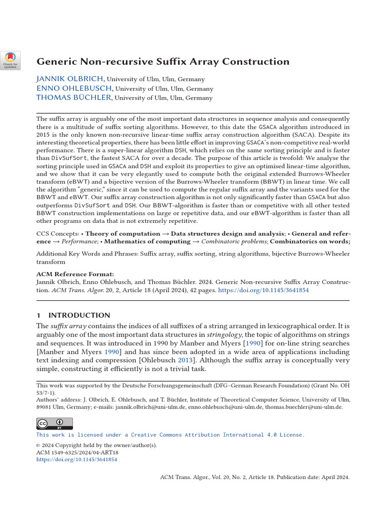 Generic Non-recursive Suffix Array Construction | PDF | String (Computer Science) | Computer ...