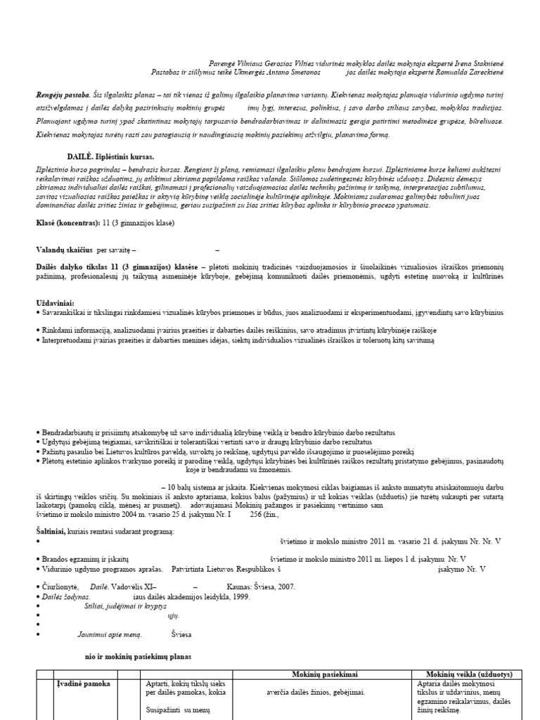 Daile - Ilgalaikio - Plano - Pavyzdys.11kl - Isplestinis Kursas | PDF